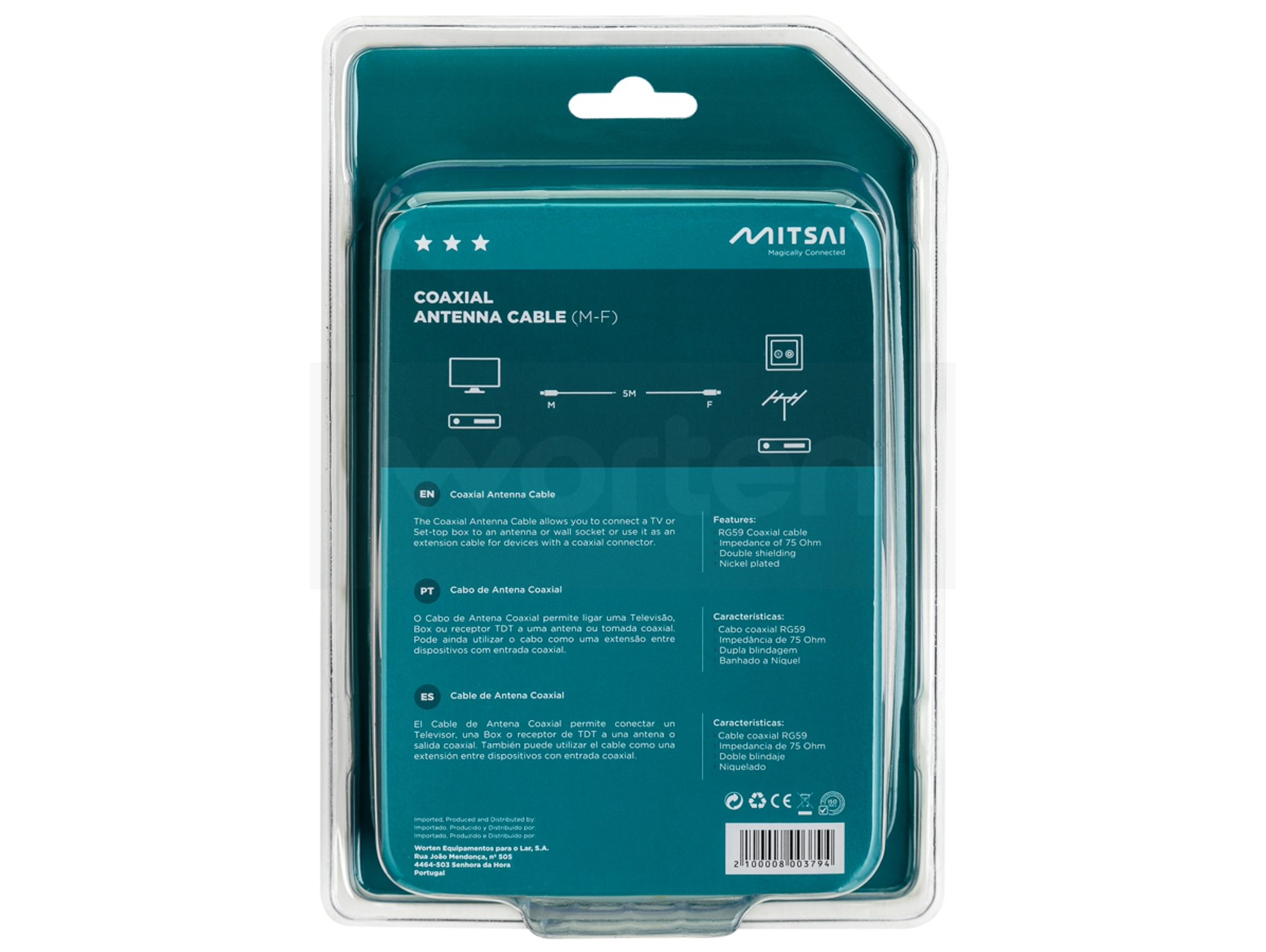 Cable Antena MITSAI Coaxial (Macho-Hembra) 5M | Worten Canarias